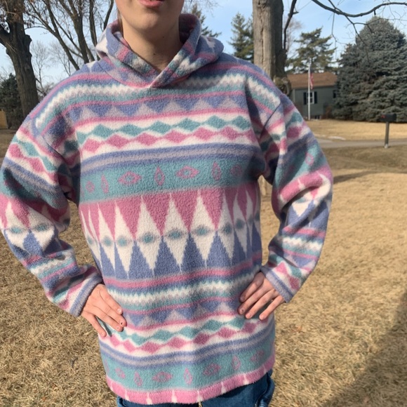 Vintage | Tops | 9s Aztec Fleece Hoodie Largextra Large | Poshmark